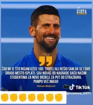 Đoković za sav novac od nagrade iz Majamija kupuje bicikla za studente koji voze do Strazbura
